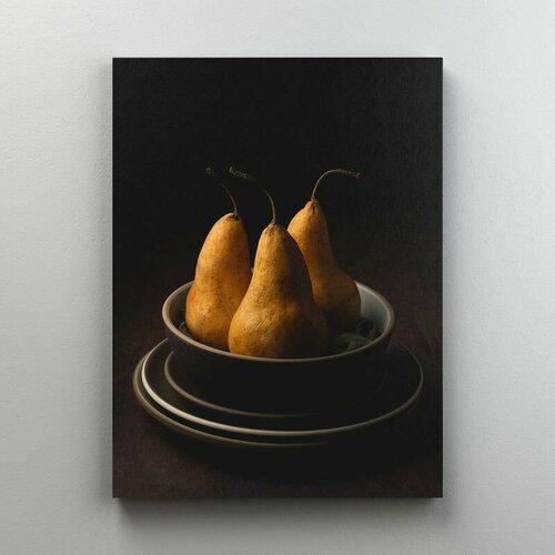 Интерьерная картина на холсте "Натюрморт - три груши в тарелке" размер 45x60 см