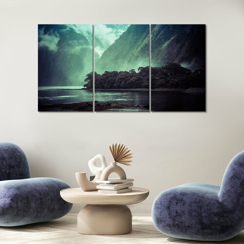 Модульная картина/Модульная картина на холсте/Модульная картина в спальню/Модульная картина в подарок - Туман и горы у озера 90х50