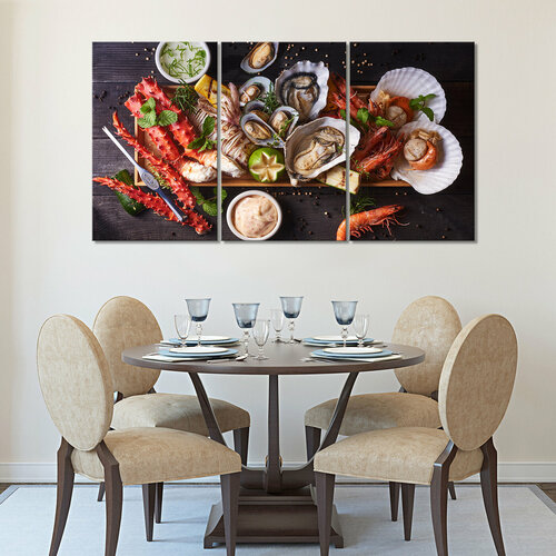 Модульная картина/Модульная картина на холсте/Модульная картина в подарок/Seafood is on the table/Морепродукты на столе 90х50