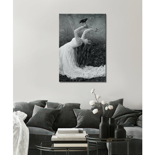 Картина -Ворон, черный ворон, ворон на руке, ворон и девушка (1) 50х70