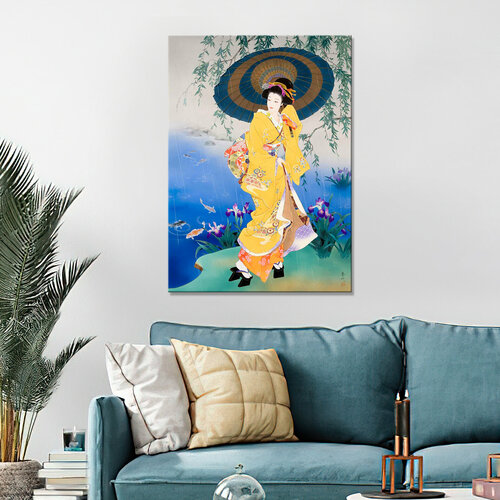 Картина интерьерная-Гейша с зонтиком в жёлтом кимоно 60х80