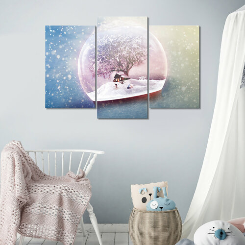 Модульная картина/Модульная картина на холсте/Модульная картина в спальню/Модульная картина в подарок - Домик в снежном шаре 150х100