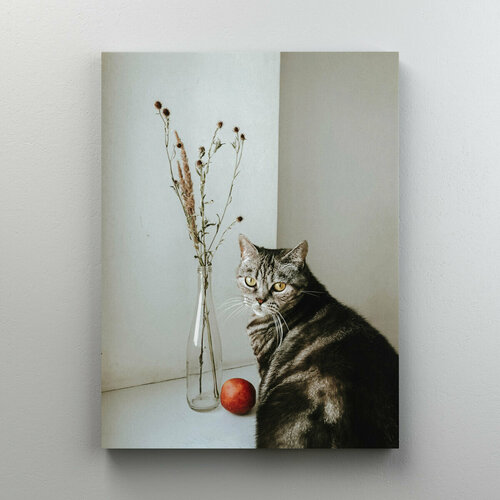 Интерьерная картина на холсте "Кот и яблоко" в скандинавском стиле, размер 45x60 см