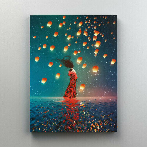 Интерьерная картина на холсте "Женщина в платье, стоящая на воде на против китайских фонарей, плавающих в ночном небе" размер 45x60 см