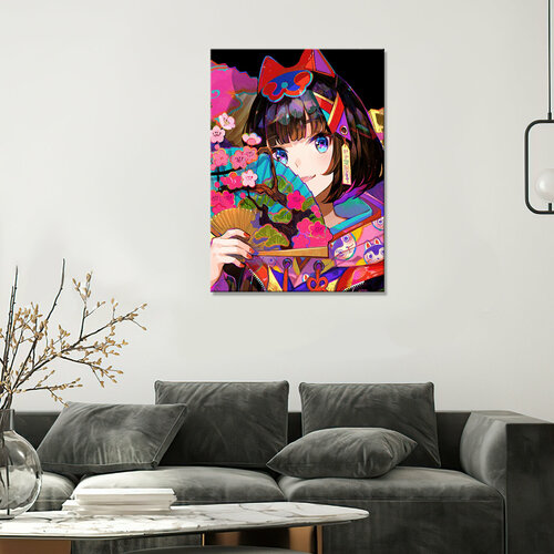 Интерьерная картина на холсте - Аниме-девочка с веером и веткой сакуры яркий арт 20х30