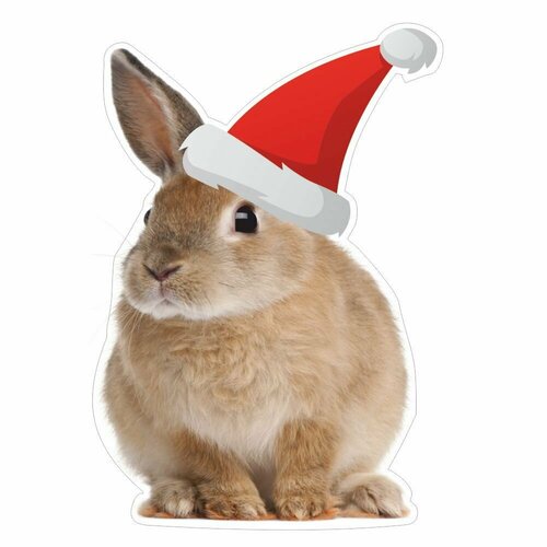 Наклейка "Кролик (заяц) в новогодней шапке", 100х100 мм, вид 2, Арт рэйсинг