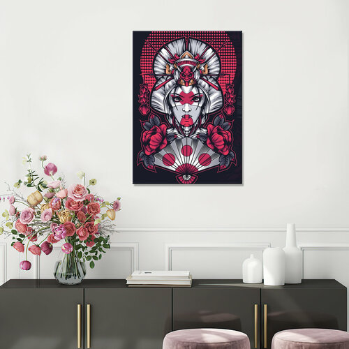 Интерьерная картина на холсте - Гейша с веером розово-чёрный арт 40х60
