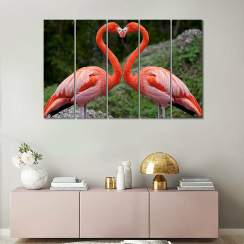 Модульная картина/Модульная картина на холсте/Модульная картина в подарок/ Розовые фламинго Сердце/Pink Flamingo Heart150х100