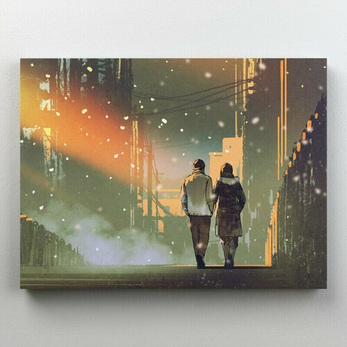 Интерьерная картина на холсте "Парочка гуляет по зимнему городу" размер 60x45 см