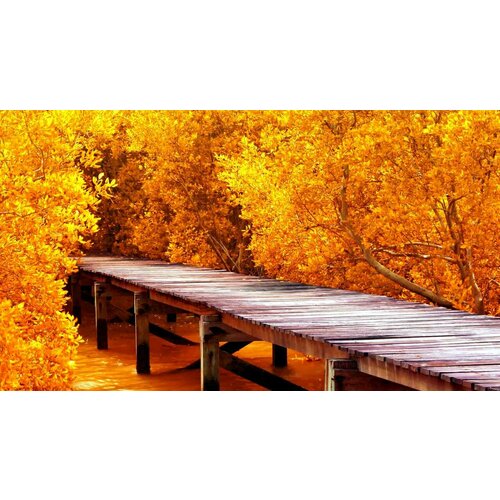 Картина на холсте 60x110 LinxOne "Деревья пирс мостик осень причал" интерьерная для дома / на стену / на кухню / с подрамником