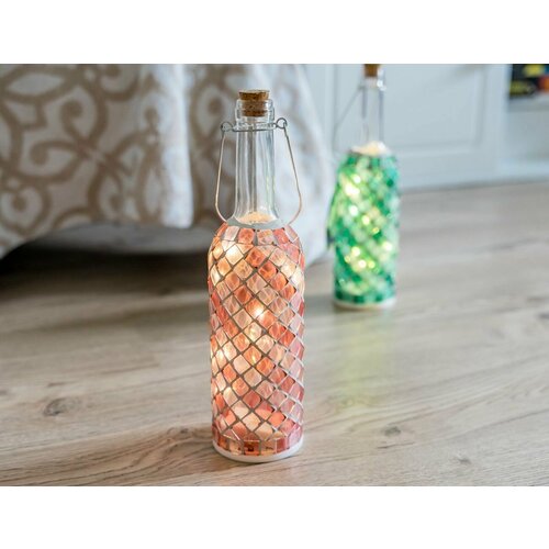 Декоративный светильник бутыль посвящение - розовая, стекло, 10 тёплых белых микро LED-огней, 30 см, батарейки, Kaemingk 802784-3