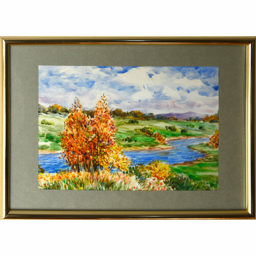Картина в раме "Осенний пейзаж", ручная работа акварелью