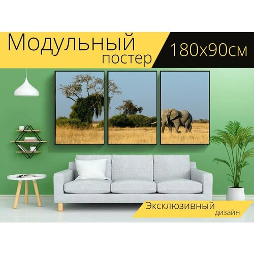 Модульный постер "Слон, ботсвана, савути" 180 x 90 см. для интерьера
