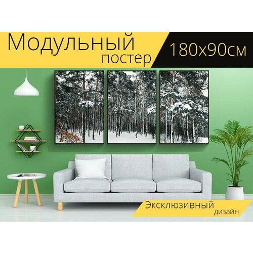 Модульный постер "Лес, сосна, снег" 180 x 90 см. для интерьера