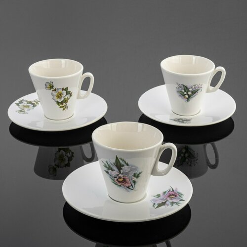 Набор из трёх кофейных пар (6 предметов) с изображением цветов, керамика, деколь