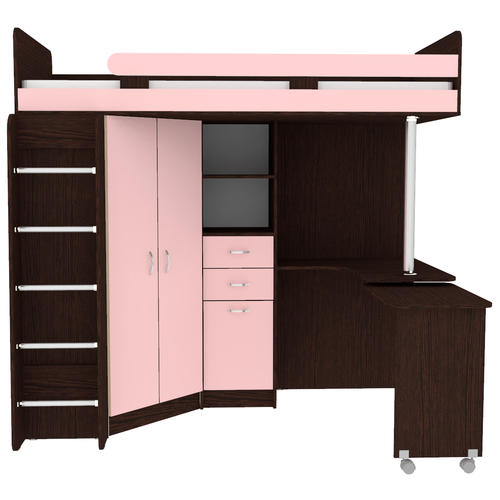 Кровать чердак Юниор 3 с металлической лестницей Венге - Розовый