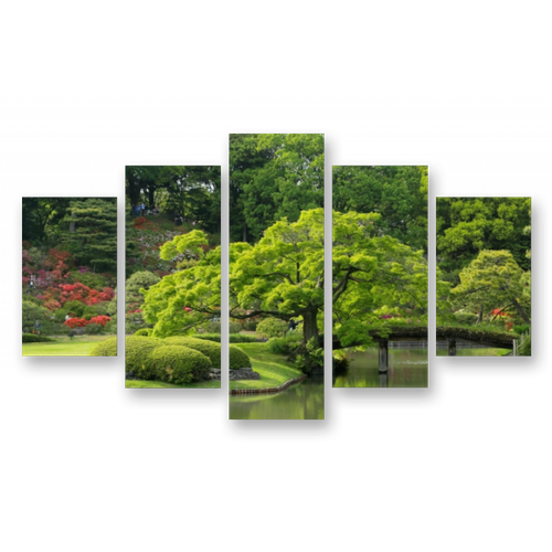 Модульная картина на стекле | Diva Kartina | Природа. Японский сад с озером | 150X90 см
