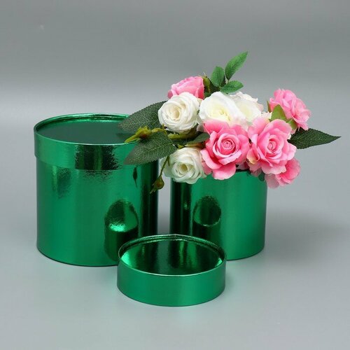 Дарите Счастье Набор коробок 2в1 круглые «Однотонный», зелёный металлик, 12 х 12, 15 х 15 см