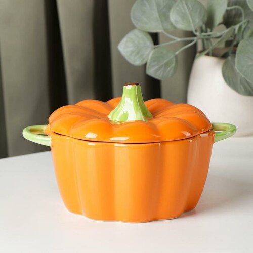 MARU Горшочек из жаропрочной керамики для запекания «Тыква», 650 мл, 18,5×14×11 см, посуда для Хэллоуина, цвет оранжевый