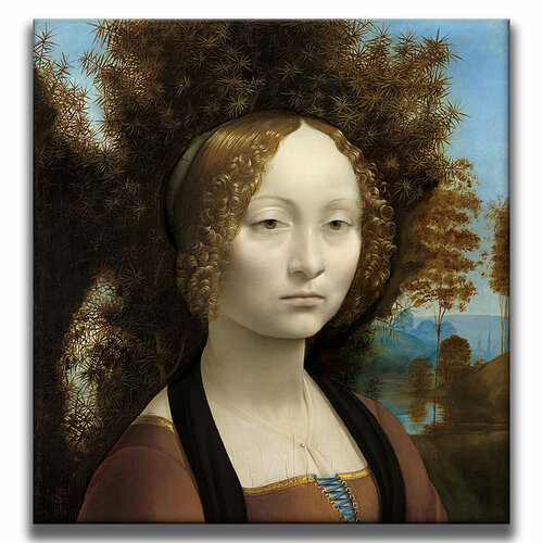 Картина для интерьера на холсте Леонардо да Винчи «Портрет Джиневры де Бенчи» 40х42, холст натянут на подрамник