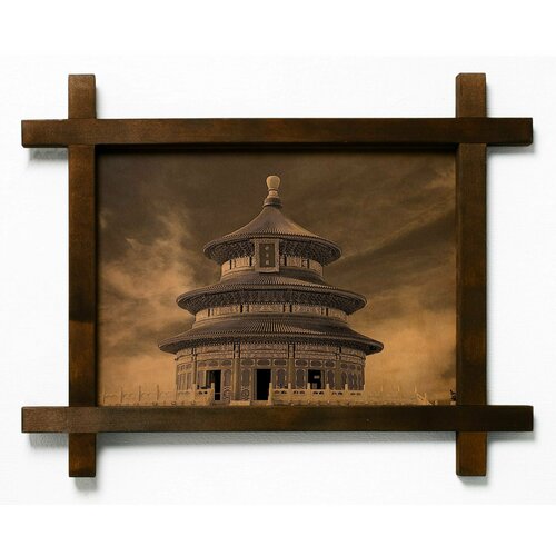 Картина Храм неба, гравировка на натуральной коже, интерьерная для украшения и декора на стену в деревянной раме, подарок, BoomGift
