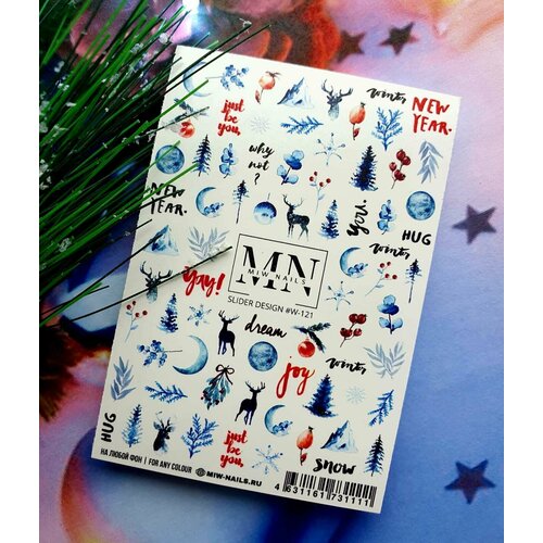 MIW Nails "Слайдеры для ногтей" водные наклейки для дизайна #W-121 цветной зима, новый год, лес, олень