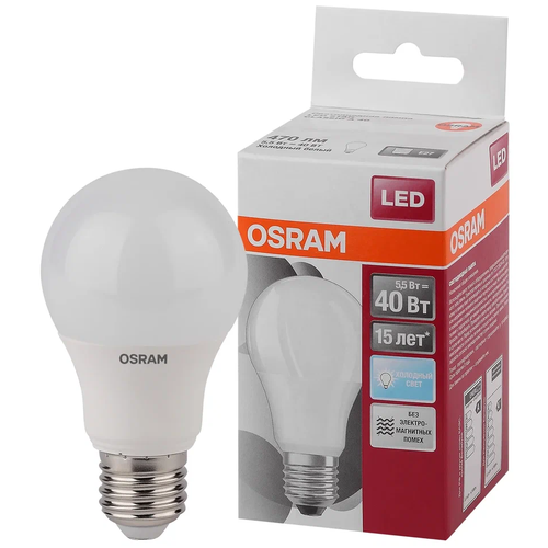 Лампочка светодиодная OSRAM LED Star, 470лм, 5Вт, 6500К (холодный белый свет). Цоколь E27, 1 шт