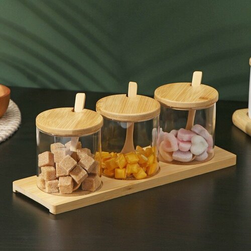 Набор банок стеклянных для сыпучих продуктов на бамбуковой подставке BellaTenero «Эко», 3 предмета: 330 мл