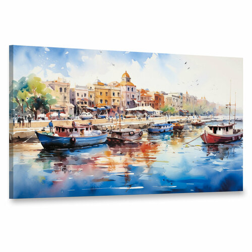 Интерьерная картина 100х60 "Пейзаж с рекой и лодками на причале"