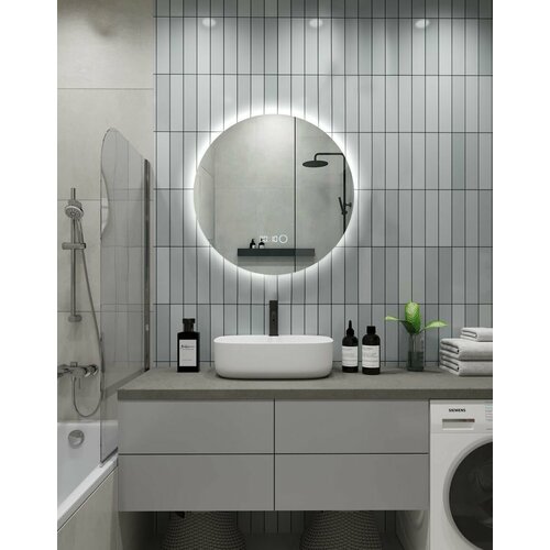 Зеркало для ванной с часами Sun D55 круглое "парящее" с нейтральной LED-подсветкой