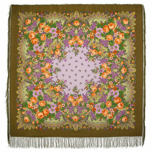 Платок Павловопосадская платочная мануфактура,146х146 см, фиолетовый, зеленый