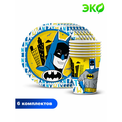 Набор для праздника Batman, желтый (Тарелка мал, Стакан по 6 шт.)
