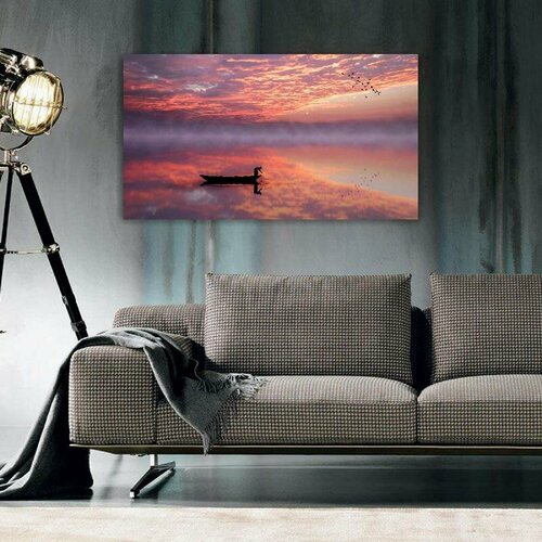 Картина на холсте 60x110 LinxOne "Ночь море лодка" интерьерная для дома / на стену / на кухню / с подрамником