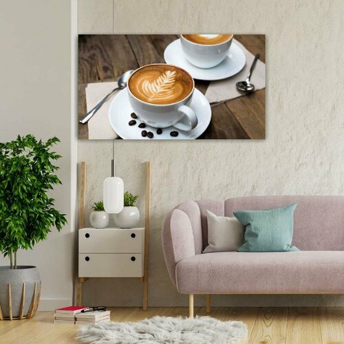 Картина на холсте 60x110 LinxOne "Капучино ложки кофейные зерна" интерьерная для дома / на стену / на кухню / с подрамником