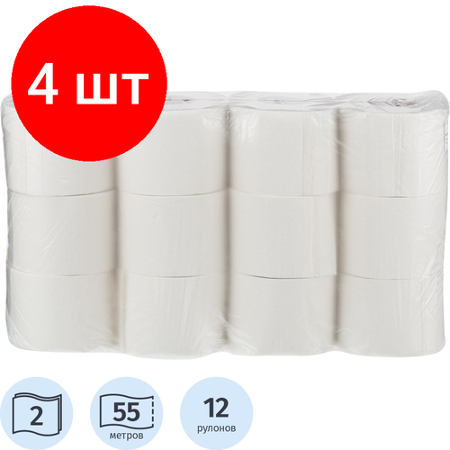 Комплект 4 упаковок, Бумага туалетная 2сл 55м белая втор 12рул/уп