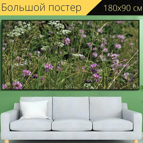 Большой постер "Запах, полевые цветы, трава" 180 x 90 см. для интерьера