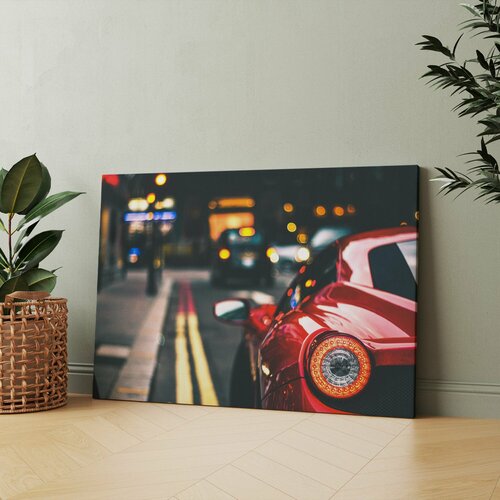 Картина на холсте "Красный спортивный автомобиль, припаркованный на обочине дороги" 60x80 см. Интерьерная, на стену.