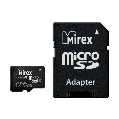 Карта памяти Mirex microSDXC 128 ГБ Class 10, UHS-I U1, R/W 45/25 МБ/с, адаптер на SD, 1 шт., черный