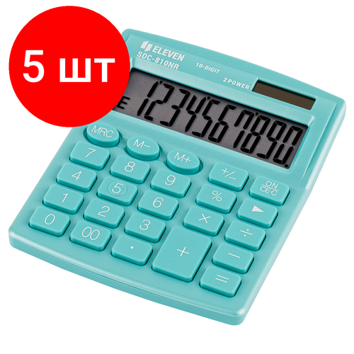 Комплект 5 шт, Калькулятор настольный Eleven SDC-810NR-GN, 10 разрядов, двойное питание, 127*105*21мм, бирюзовый