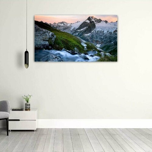 Картина на холсте 60x110 LinxOne "Горы травка ручей Glacier" интерьерная для дома / на стену / на кухню / с подрамником