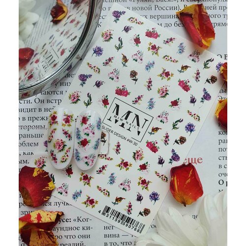 MIW Nails "Слайдеры для ногтей" водные наклейки для дизайна #W-30 цветной цветы