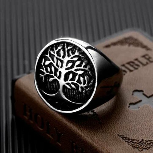 Славянский оберег, печатка Кольцо печатка с гравировкой Древо жизни, размер 21, черный, серебряный