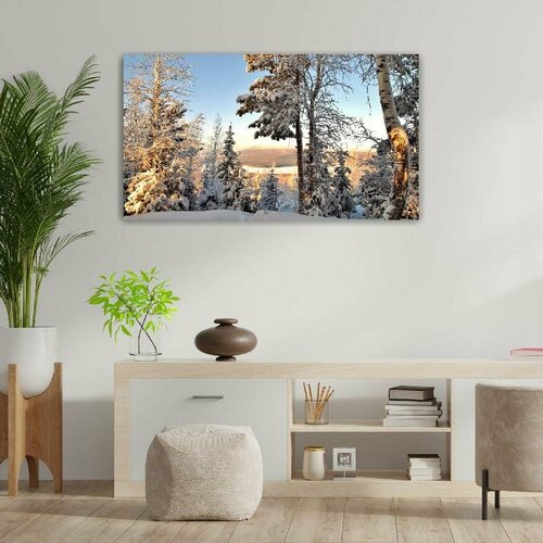 Картина на холсте 60x110 LinxOne "Деревья снег береза ель зима" интерьерная для дома / на стену / на кухню / с подрамником