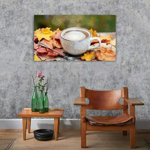 Картина на холсте 60x110 LinxOne "Осень чашка кофе листья wood" интерьерная для дома / на стену / на кухню / с подрамником