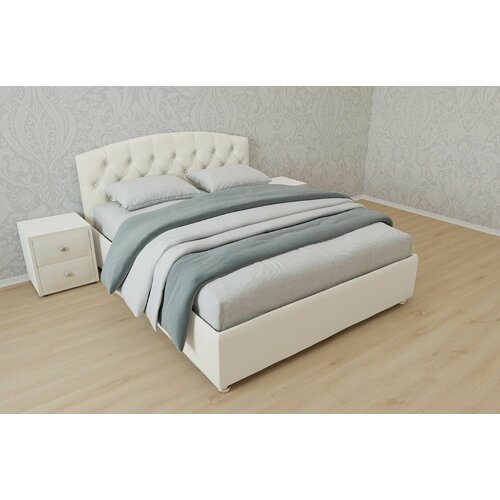 Двуспальная кровать Берлин с матрасом 160x200 основание металлическое с ламелями велюр белый без ножек