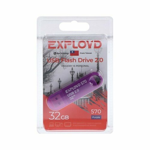 Флешка Exployd 570, 32 Гб, USB2.0, чт до 15 Мб/с, зап до 8 Мб/с, фиолетовая (комплект из 2 шт)