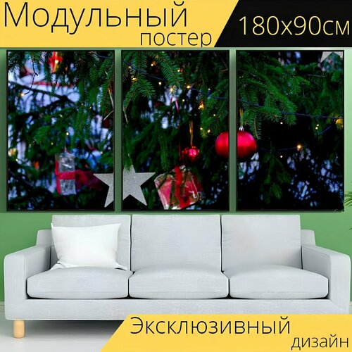 Модульный постер "Рождественская елка, елочные украшения, рождество" 180 x 90 см. для интерьера