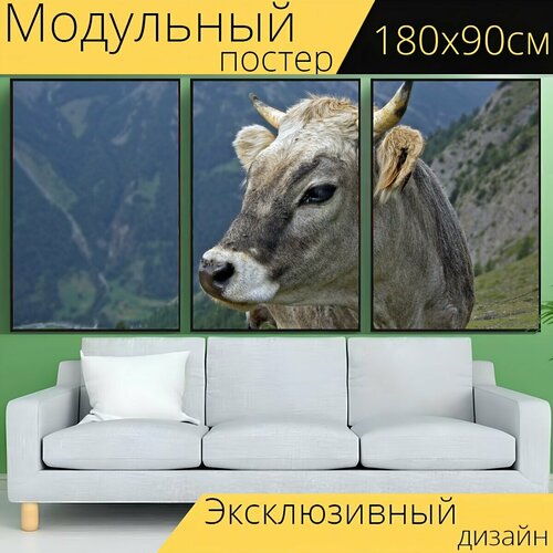 Модульный постер "Корова, порода, серый" 180 x 90 см. для интерьера