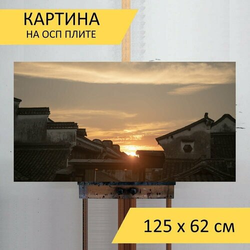 Картина на ОСП 125х62 см. "Заход солнца, здания, облака" горизонтальная, для интерьера, с креплениями