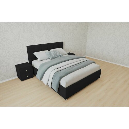 Двуспальная кровать Афина с матрасом 140x200 основание металлическое с ламелями велюр черный ножки 5 см